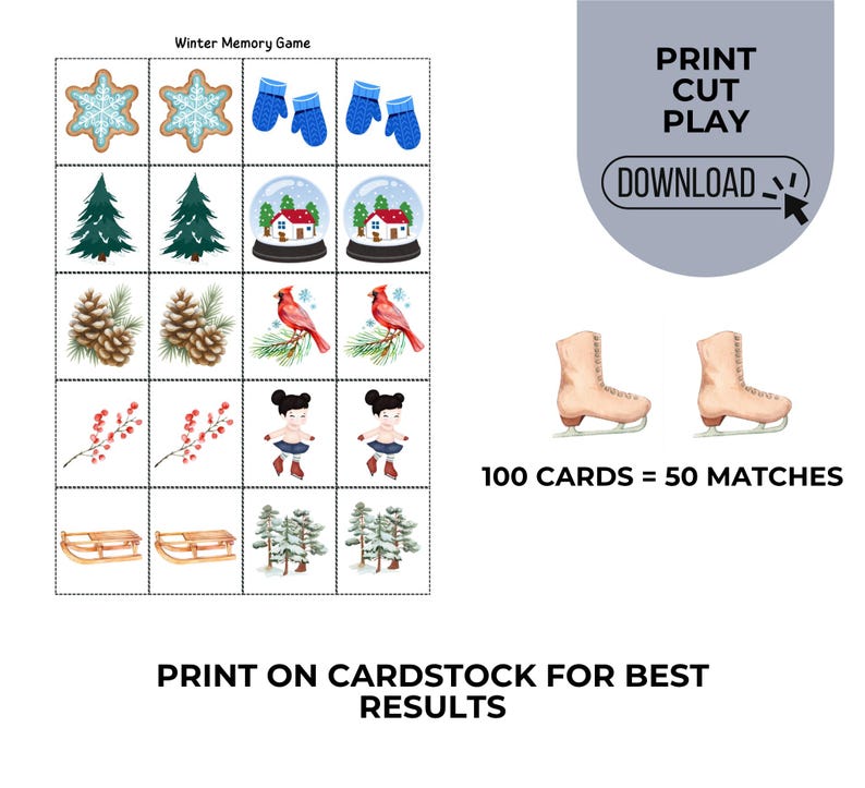 Winter Memory Matching Game Printable | 100 Cards (50 Pairs) | Fun ...