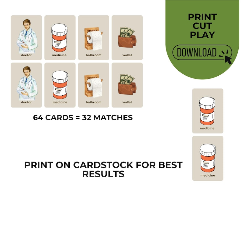 Dementia Memory Flash Cards Matching Cards Printable Cognitive Game for ...