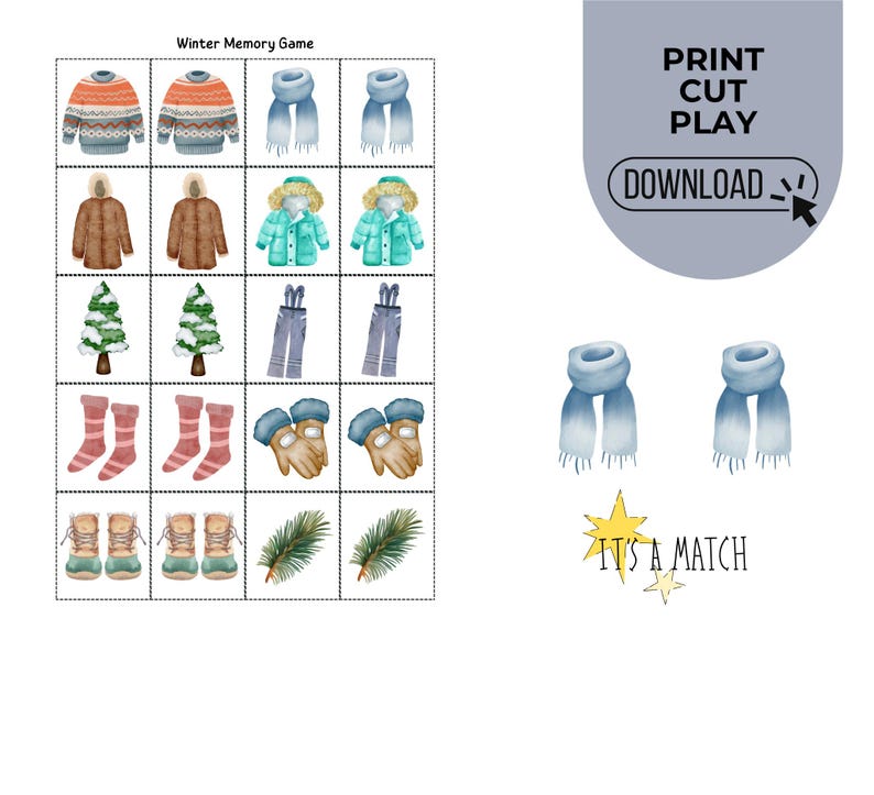 Winter Memory Matching Game Printable | 100 Cards (50 Pairs) | Fun ...