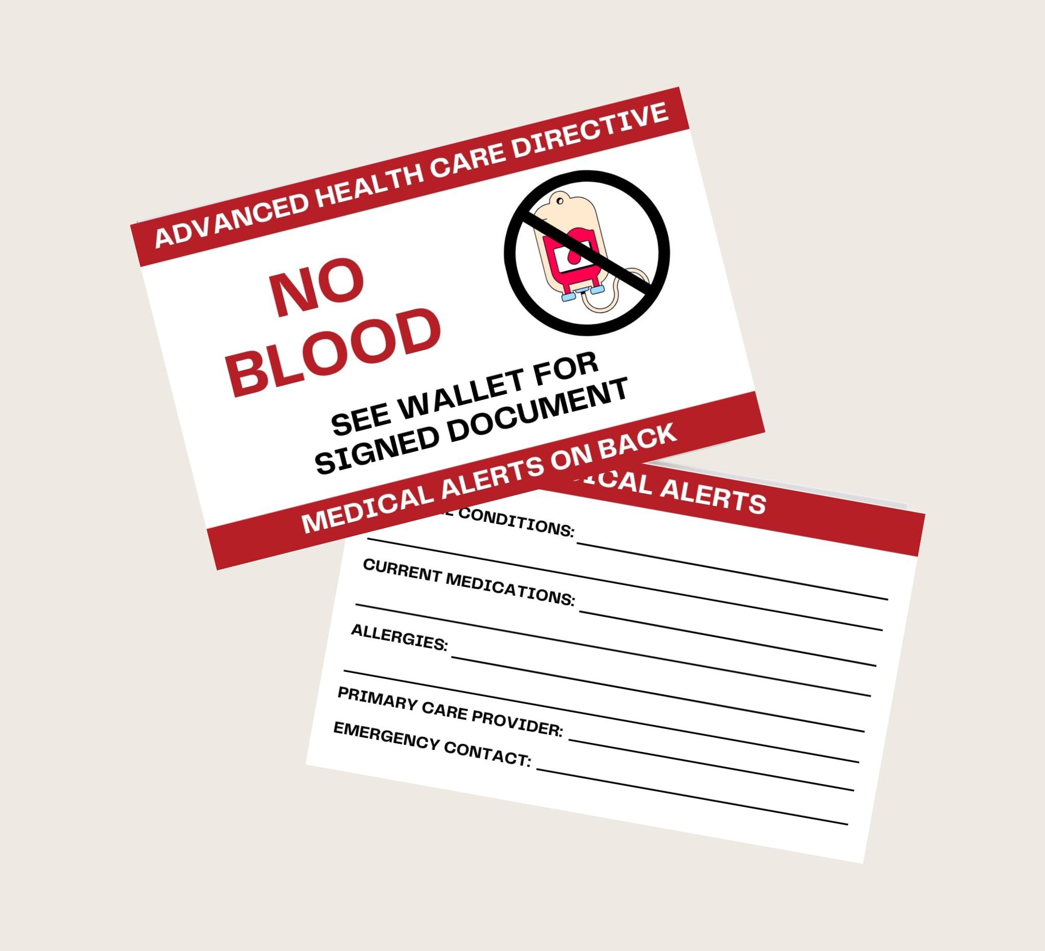 No Blood Medical Alert Card for JW Sheet of 5 Instant Download Kids No ...