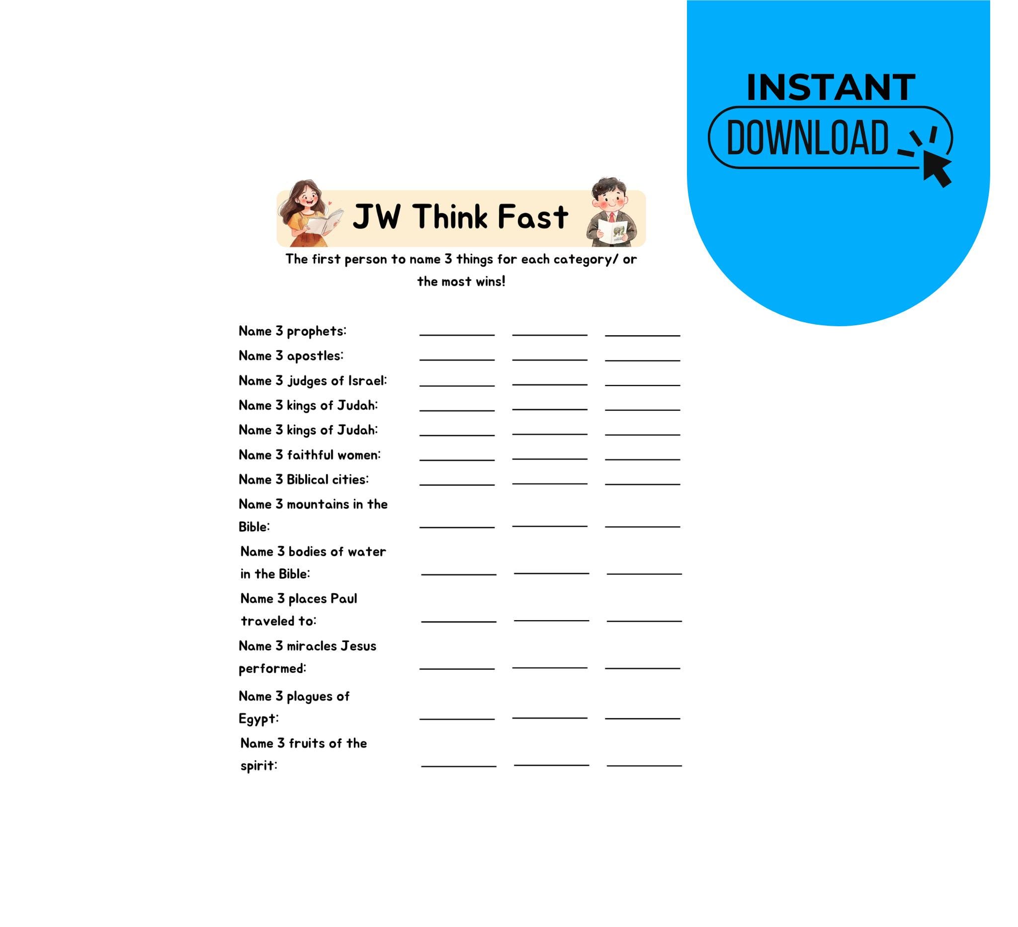 Jehovah’s Witness Bible Game Printable | Think Fast Category Game ...