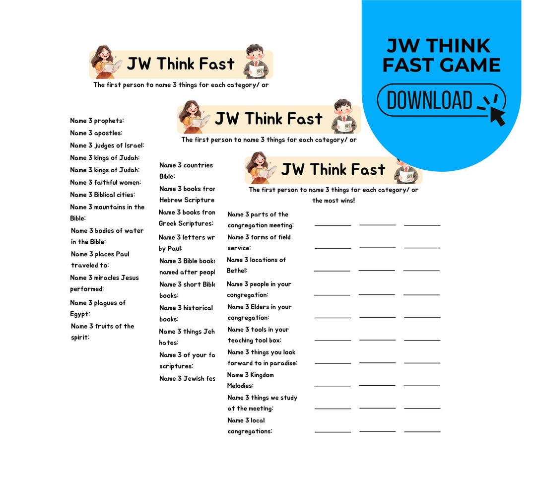 Jehovah’s Witness Bible Game Printable | Think Fast Category Game ...