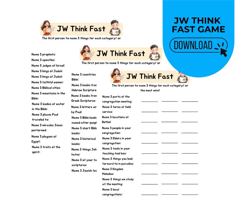 Jehovah’s Witness Bible Game Printable | Think Fast Category Game ...