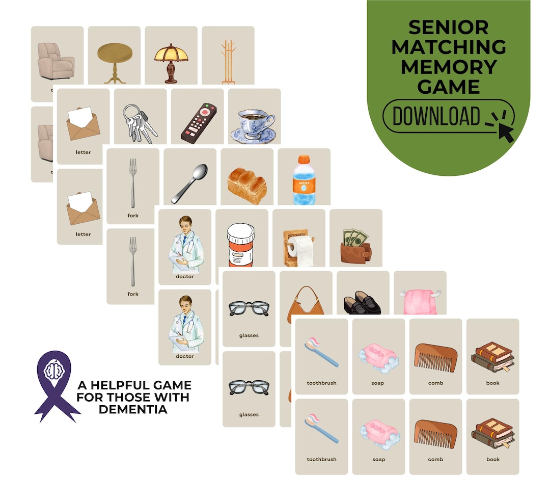 Dementia Memory Flash Cards Matching Cards Printable Cognitive Game for ...