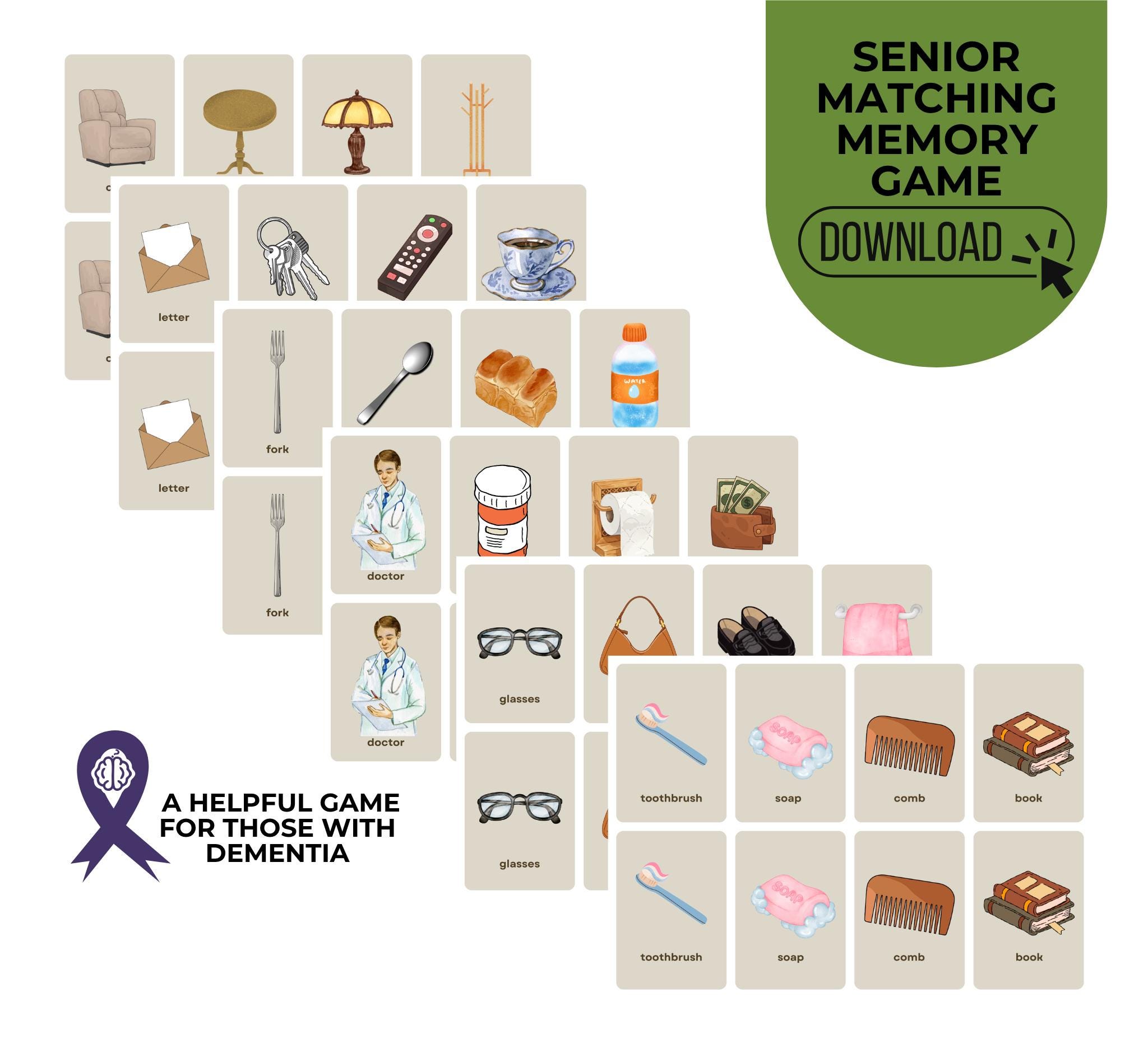 Dementia Memory Flash Cards Matching Cards Printable Cognitive Game for ...