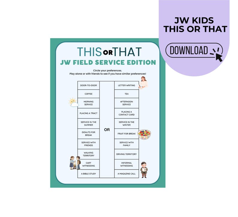JW Printable This or That Game for JW Kids Quiet Meeting Activity for ...