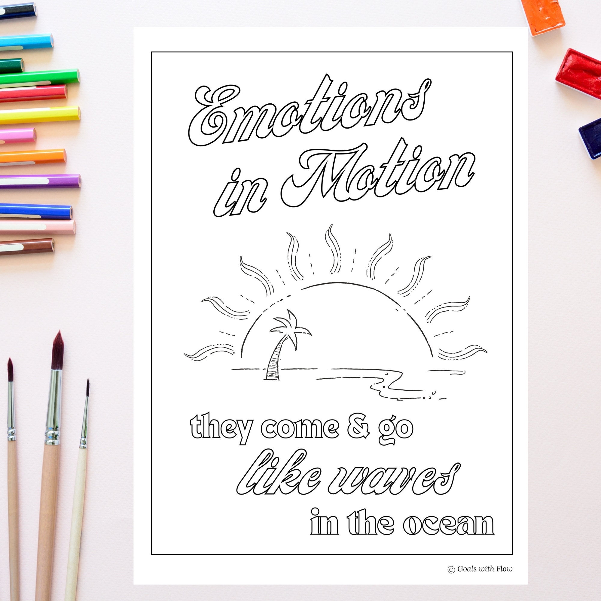Summer Ocean Beach Mindful Coloring Page Printable PDF, Positive Quotes ...