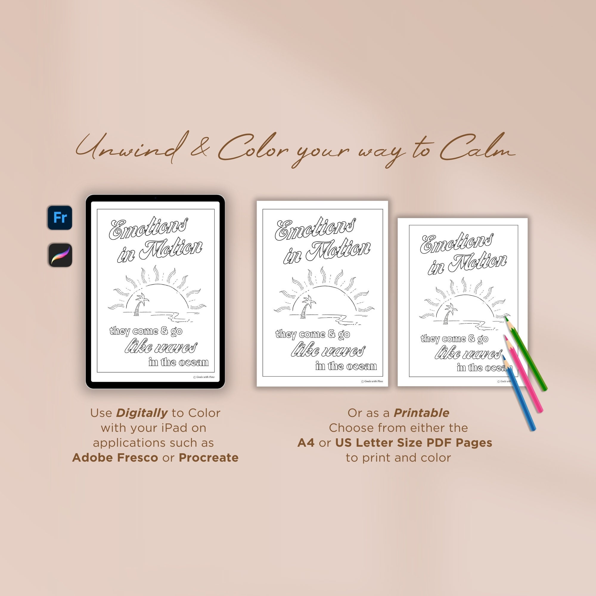 Summer Ocean Beach Mindful Coloring Page Printable PDF, Positive Quotes ...