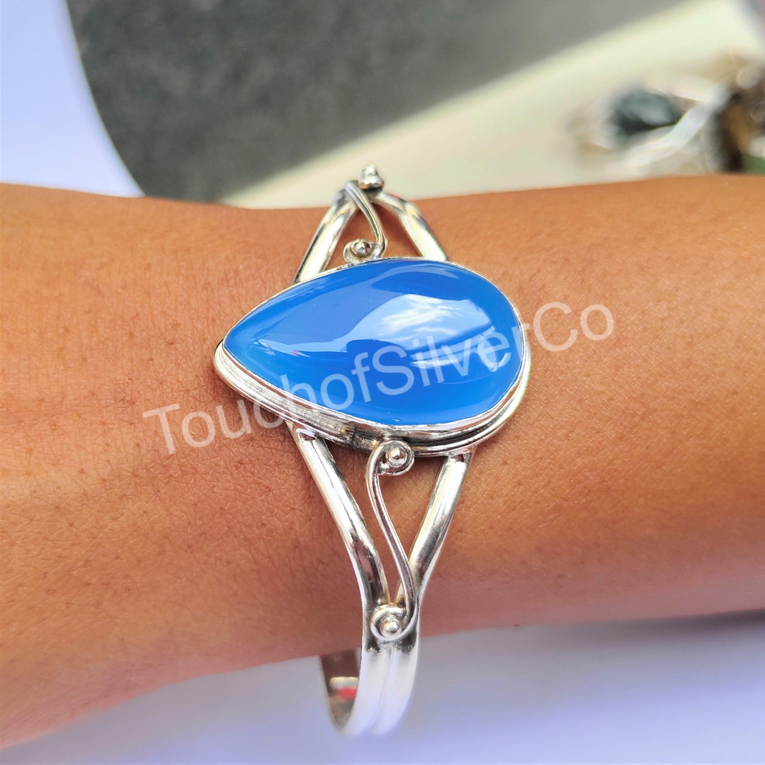 Adjustable Silver Bracelet, Natural Chalcedony Cuff Bracelet, Gemstone ...