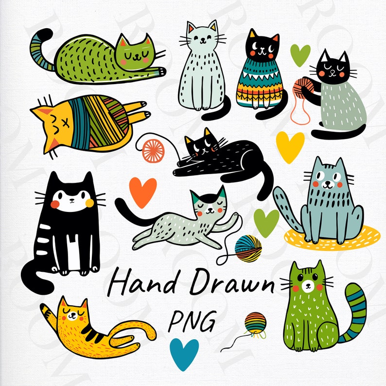 Cute Cat Clipart Set Kawaii Cats Clipart Cats PNG Instant Download ...