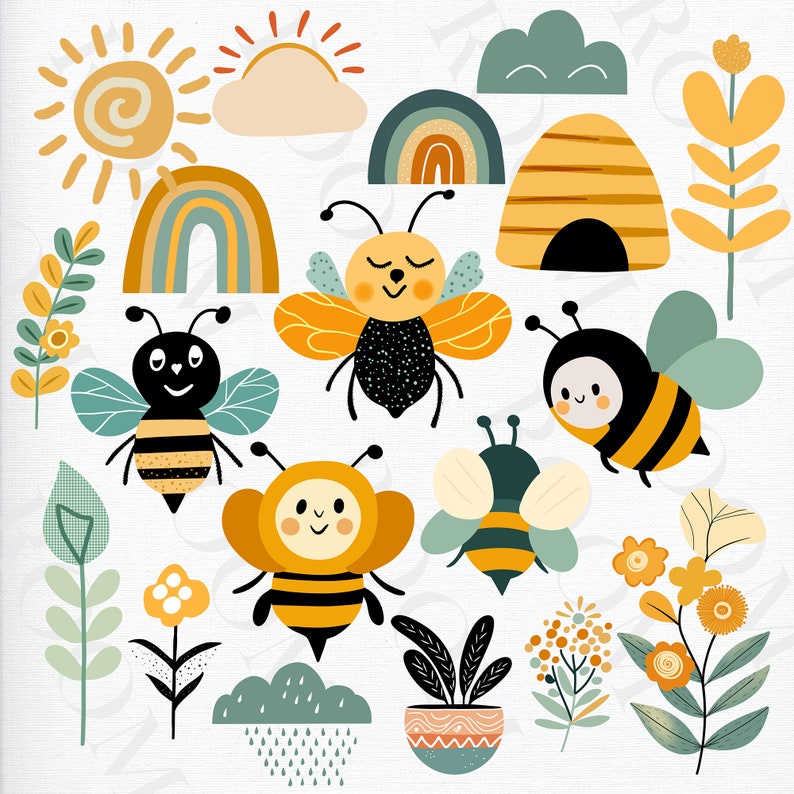 Bee Clipart | Set Bees, Rainbow, Educational Material for Kids, Sun ...
