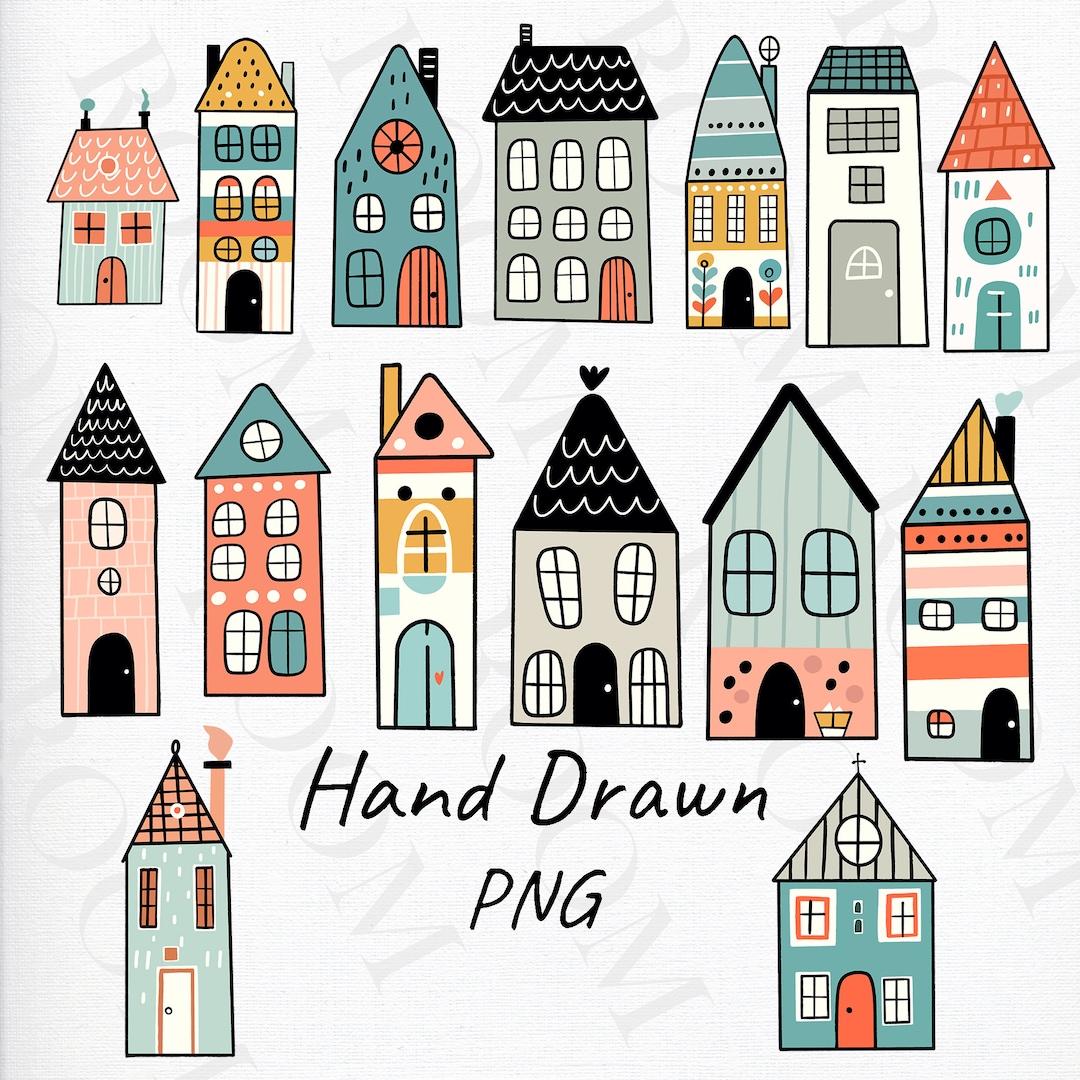 Houses Clipart, 15 Hand Drawn Digital Images, Png, House, Home, High ...