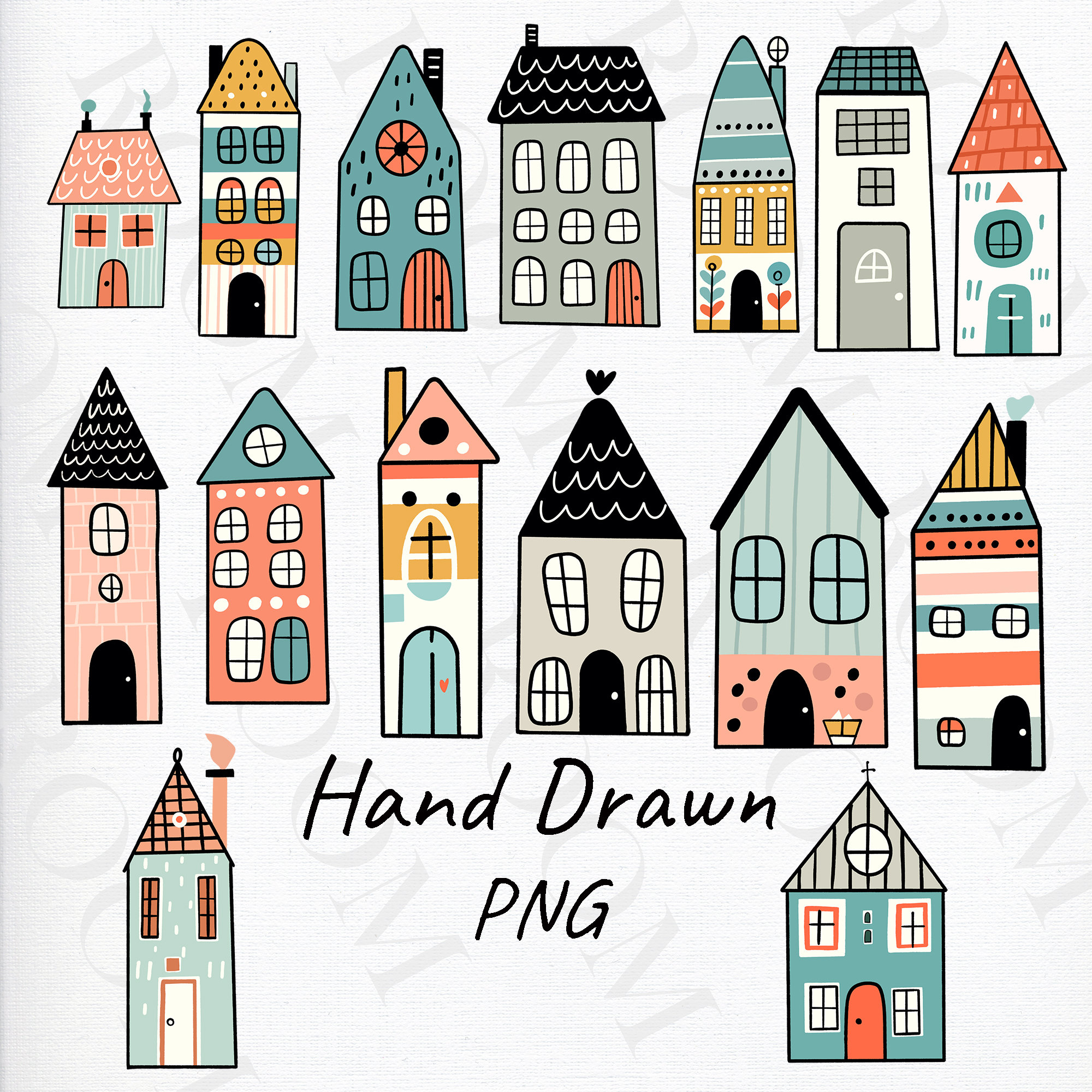 Houses Clipart, 15 Hand Drawn Digital Images, Png, House, Home, High ...