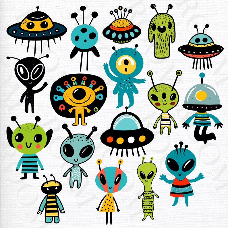 Cute Alien Clipart Set, Alien Clip Art Illustrations, Aliens UFO, Space ...