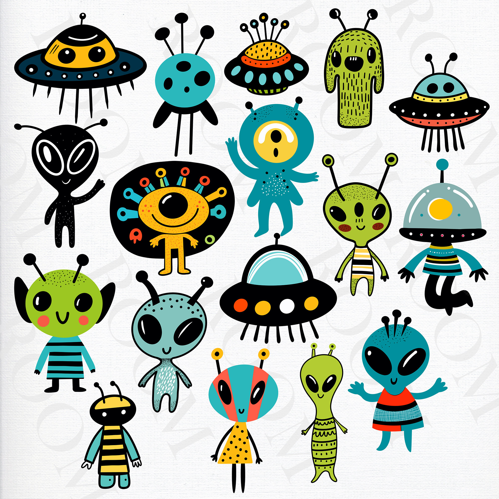 Cute Alien Clipart Set, Alien Clip Art Illustrations, Aliens UFO, Space ...