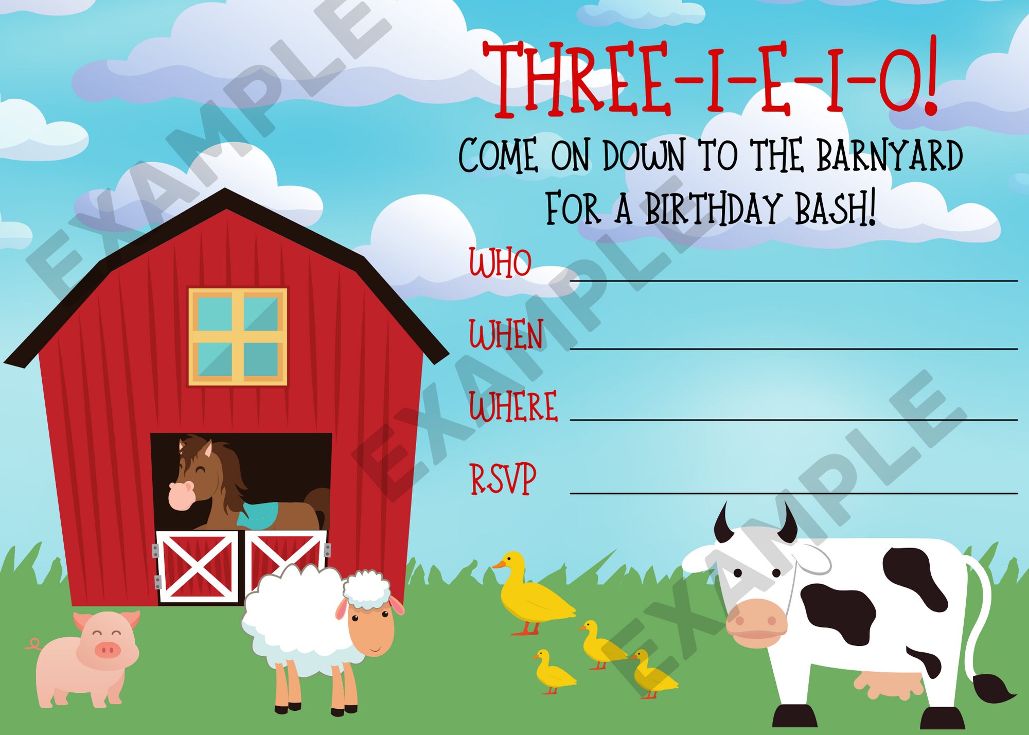 Three-i-e-i-o Three Year Year Birthday Invitation, 3rd Birthday Party ...