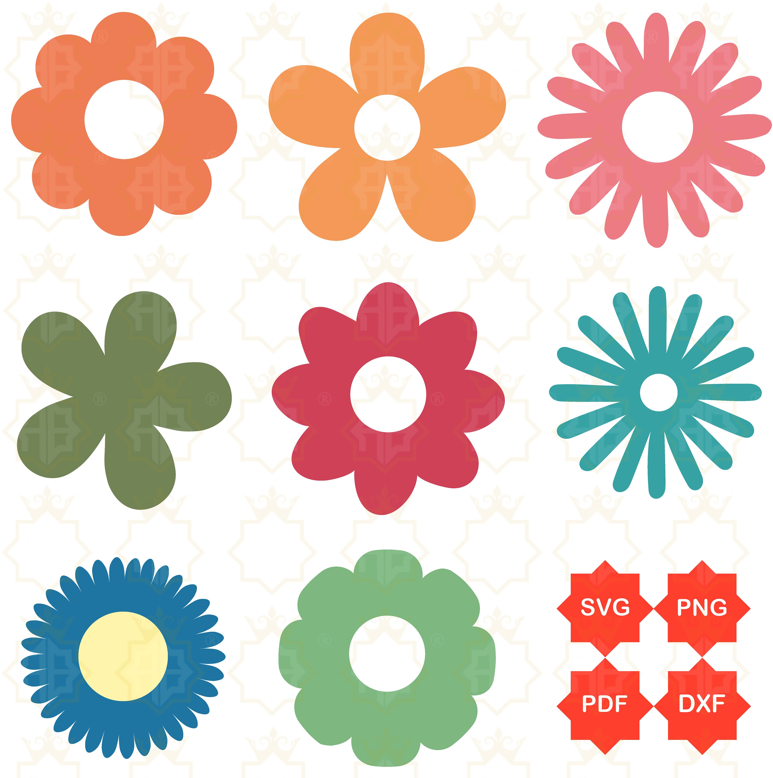 Retro Flower Shapes Bundle Svg Retro Daisy Svg Boho Flowers Svg & Png ...