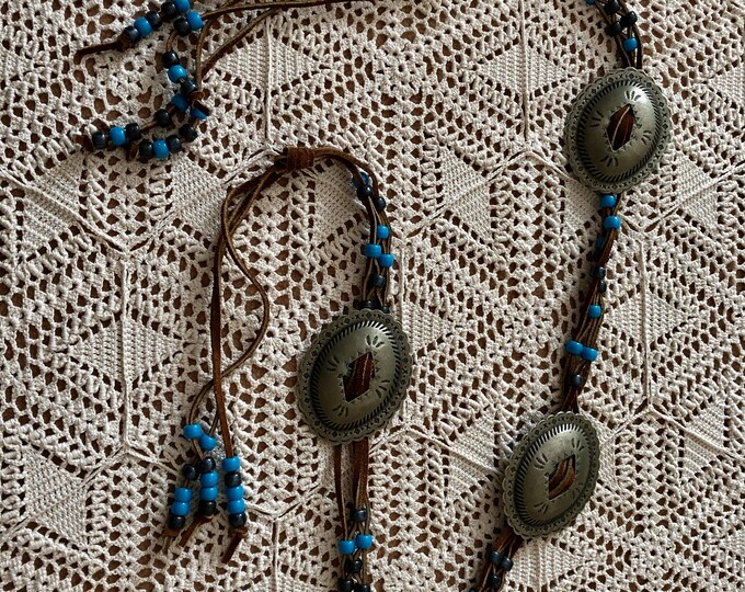 Vintage Rawhide Macrame Concho Belt With Turquoise and Black Glass ...