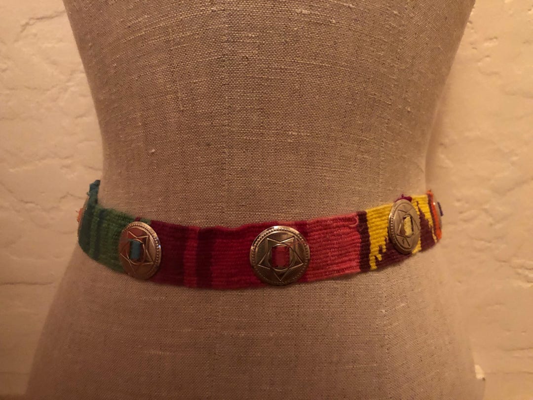 Small Guatemalan Backstrap Weaving Belt With Round Star Conchos, Cotton ...