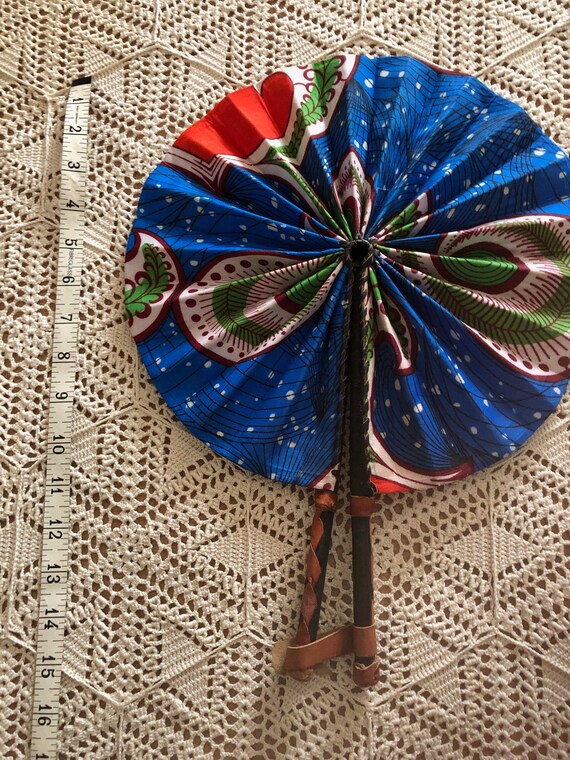 Leather and African Fabric Collapsible Hand Fan - Gem