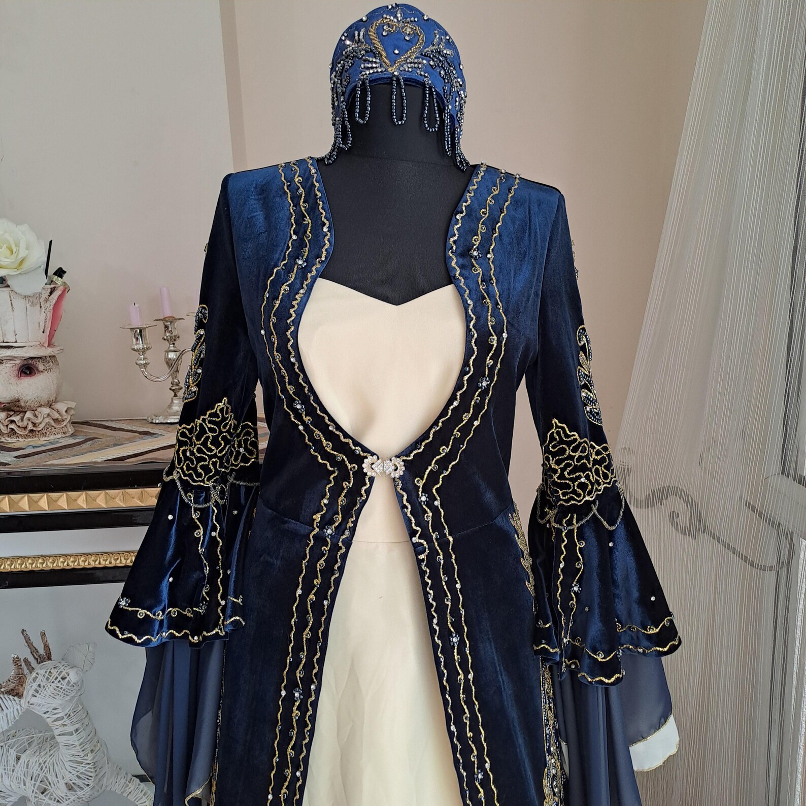 Vintage Blue Velvet Turkish Kaftan Dress: Ottoman Wedding Costume (M-L ...
