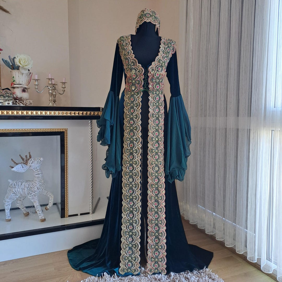 Vintage Green-turquoise Velvet Turkish Kaftan: Ottoman Wedding Dress ...