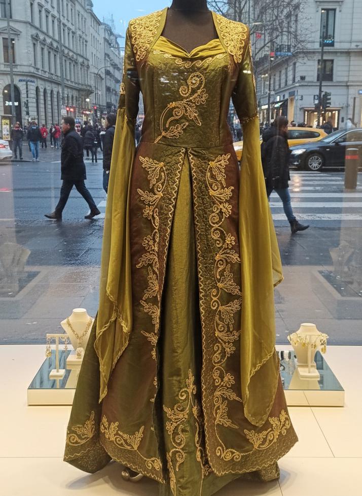 Emerald Green Medieval Renaissance Saten Kaftan Gown, Ottoman Gold ...