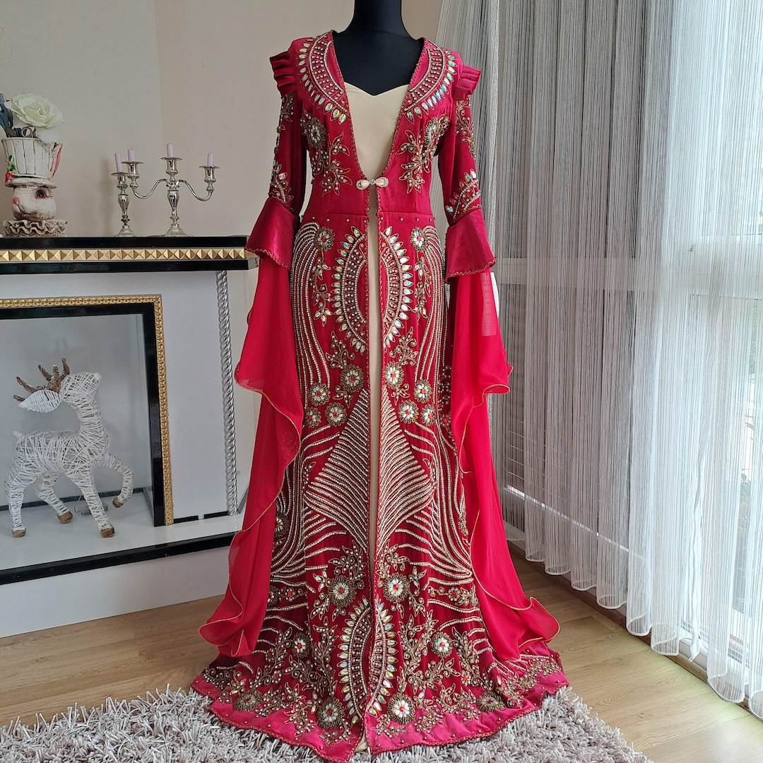 Vintage Red Velvet Turkish Wedding Dress: Ottoman Bindalli Caftan M-L ...