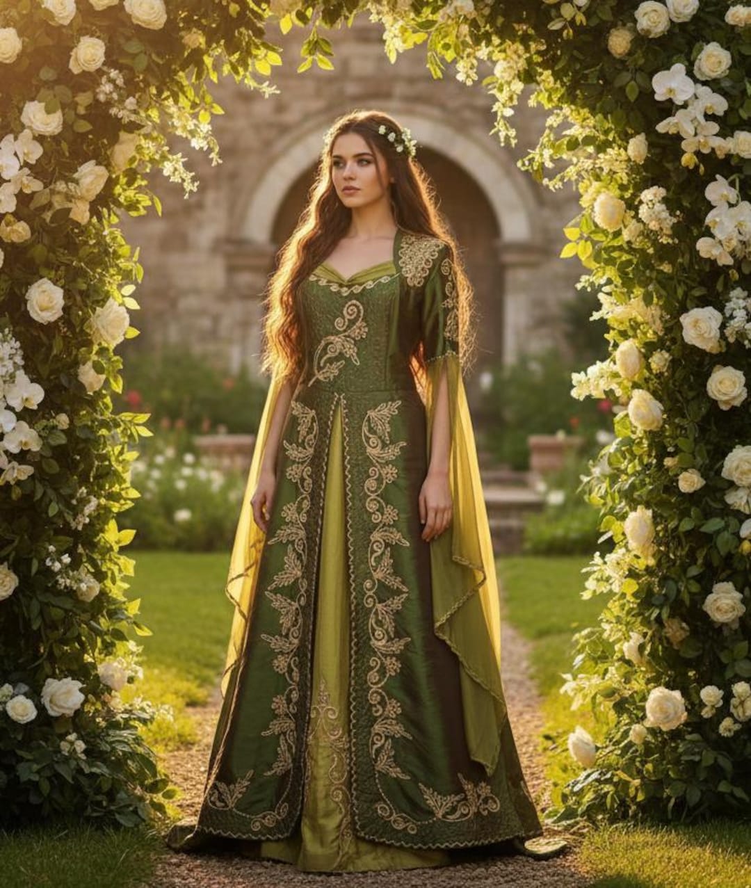 Emerald Green Medieval Renaissance Saten Kaftan Gown, Ottoman Gold ...