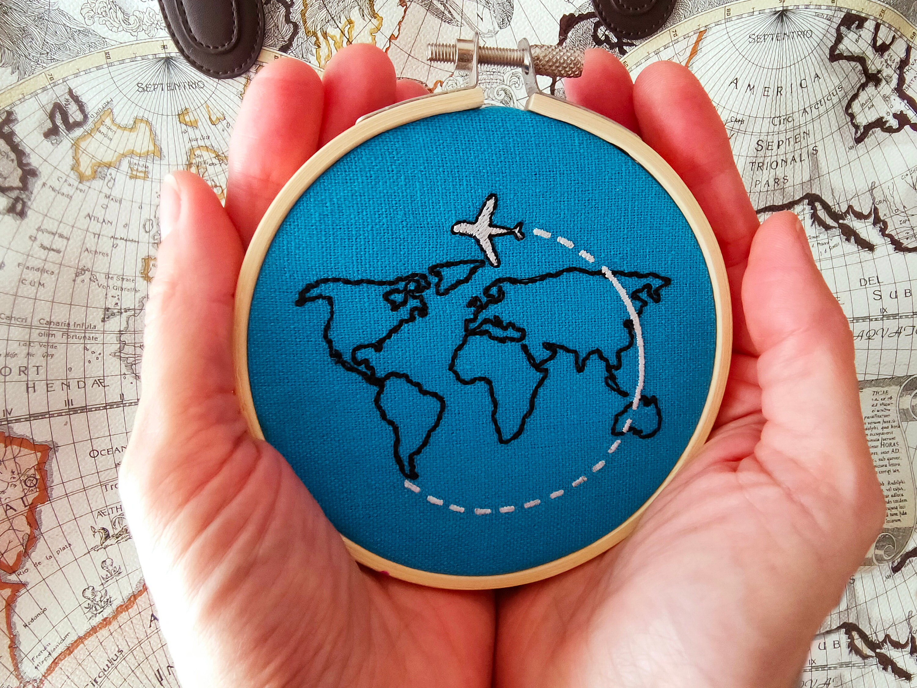 Map Embroidery Design. World Map and Plane. Silhouette One Line ...