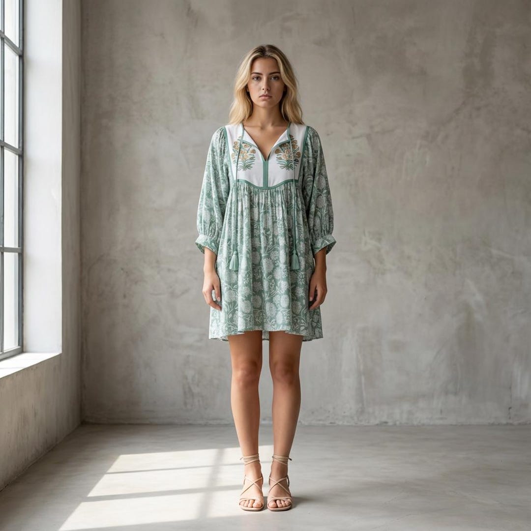 Hand Block Print Cotton Mini Dress: Green Floral Boho Dress With ...