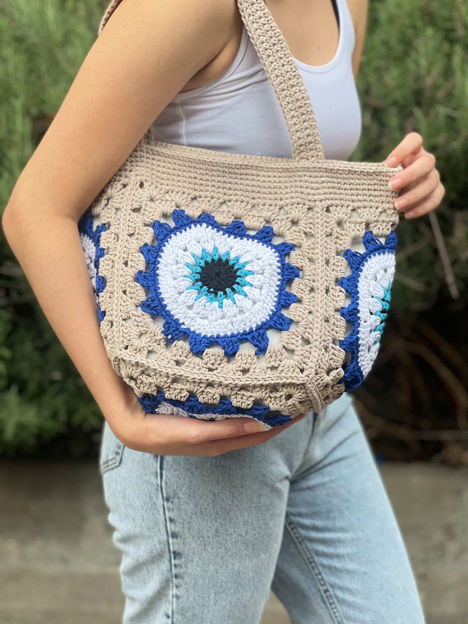 Nazar Tote Bag, Mandala Crochet Bag, Square Evil Eye Bag, Large Retro ...