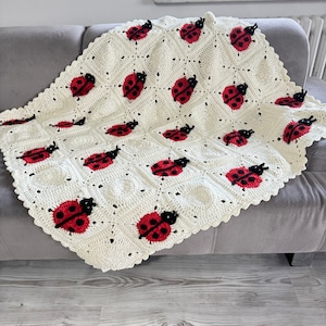 Crochet Ladybug Baby Blanket: Cotton Stroller Throw, Nursery Decor ...
