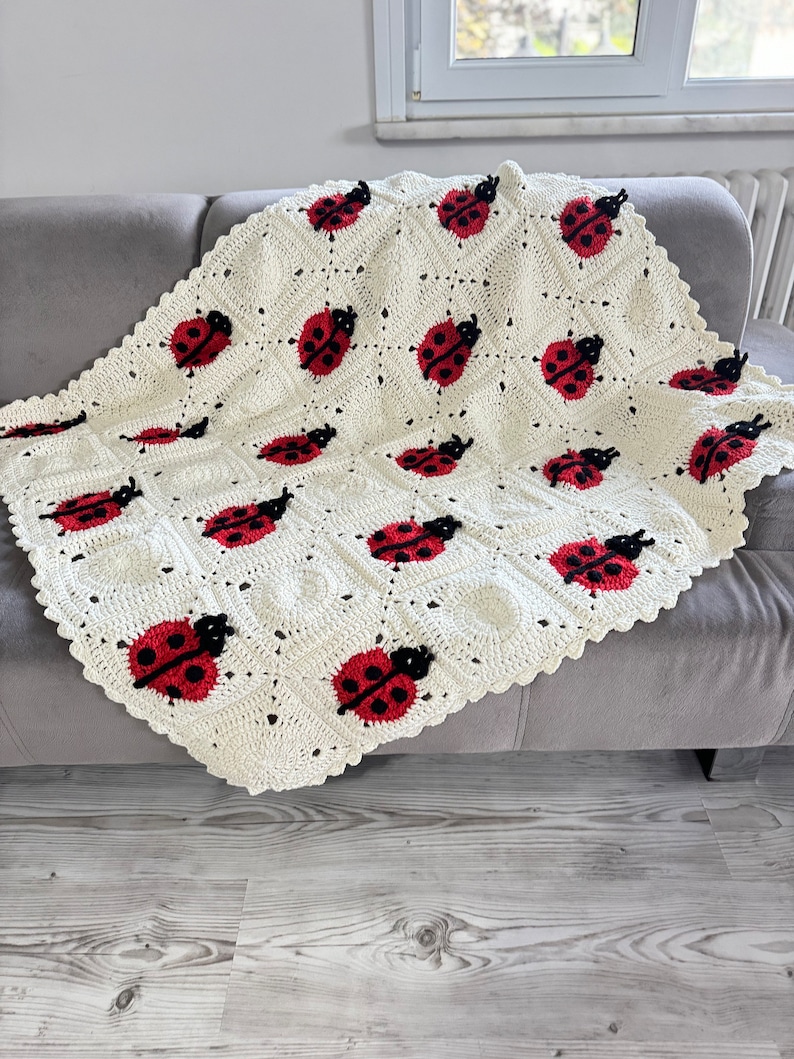 Crochet Ladybug Baby Blanket: Cotton Stroller Throw, Nursery Decor ...