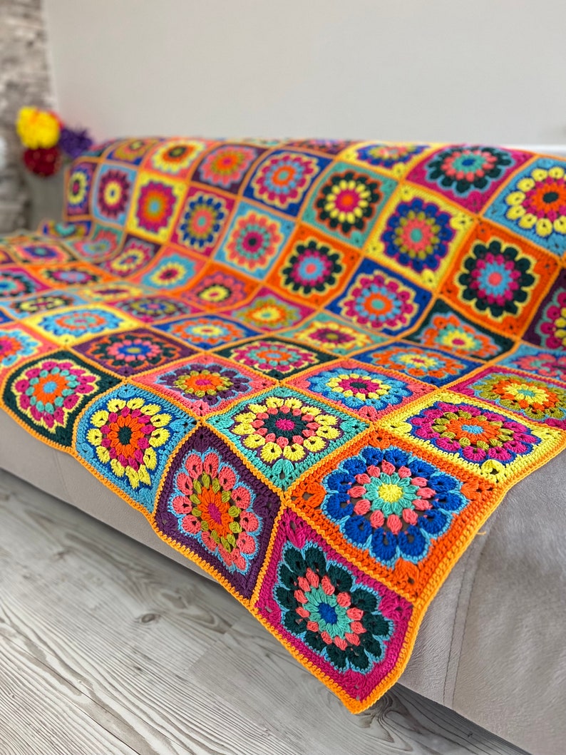 Colorful Floral Afghan Blanket, Retro Crochet Granny Throw, Unique ...