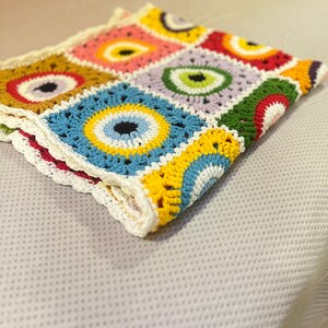 Crochet Nazar Blanket, Evil Eye Throw, Retro Charm Throw, Colorful ...