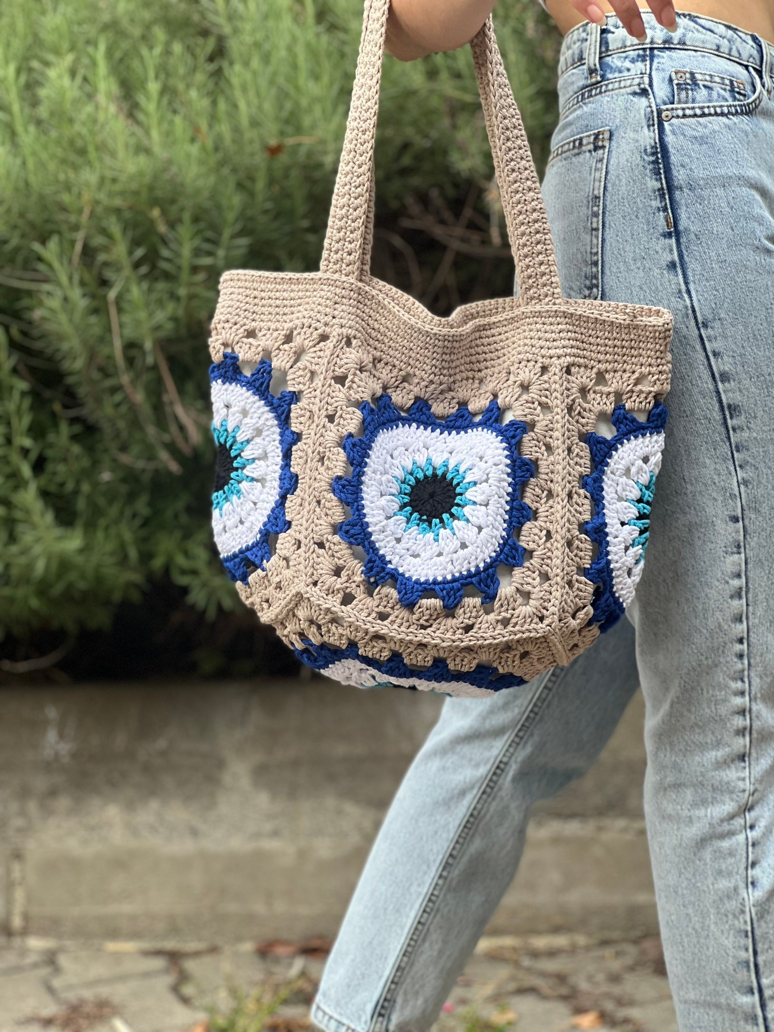 Nazar Tote Bag, Mandala Crochet Bag, Square Evil Eye Bag, Large Retro ...