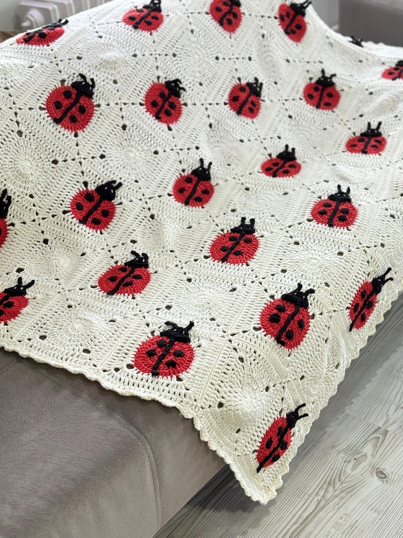 Crochet Ladybug Baby Blanket: Cotton Stroller Throw, Nursery Decor ...