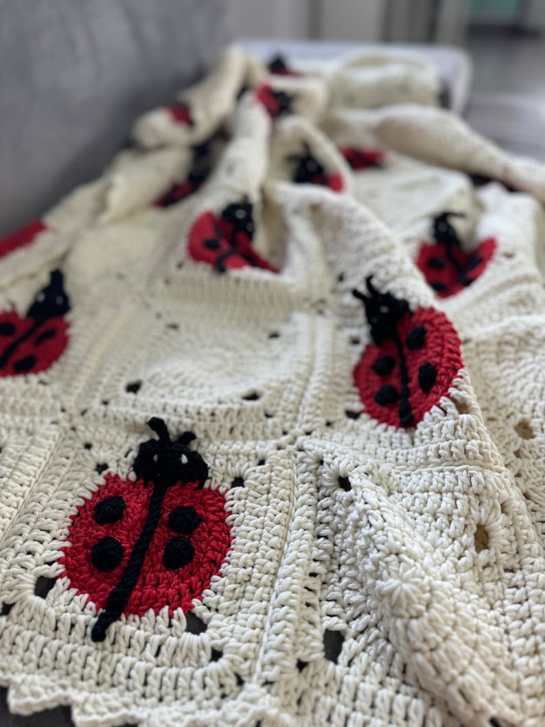 Crochet Ladybug Baby Blanket: Cotton Stroller Throw, Nursery Decor ...