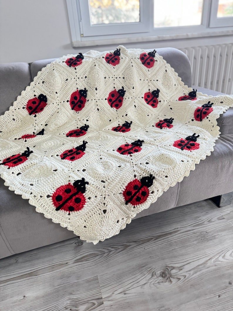 Crochet Ladybug Baby Blanket: Cotton Stroller Throw, Nursery Decor ...