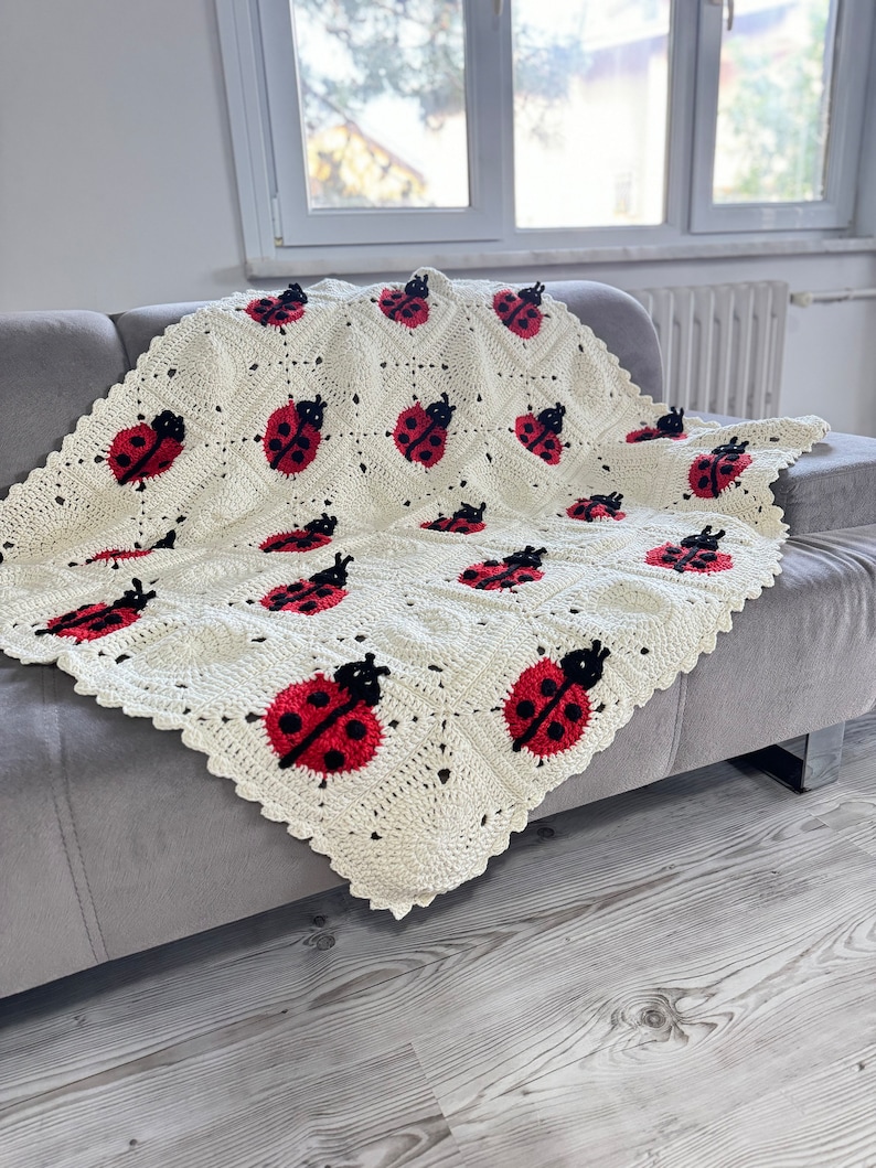 Crochet Ladybug Baby Blanket: Cotton Stroller Throw, Nursery Decor ...