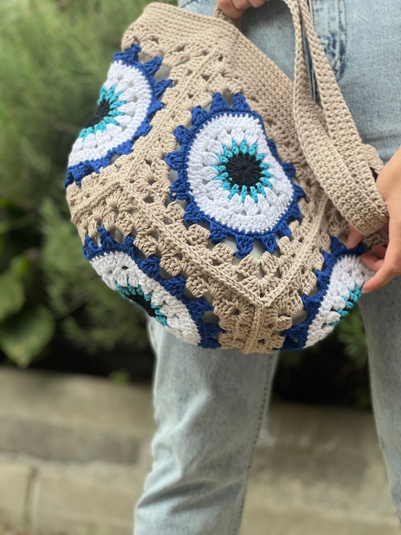 Nazar Tote Bag, Mandala Crochet Bag, Square Evil Eye Bag, Large Retro ...