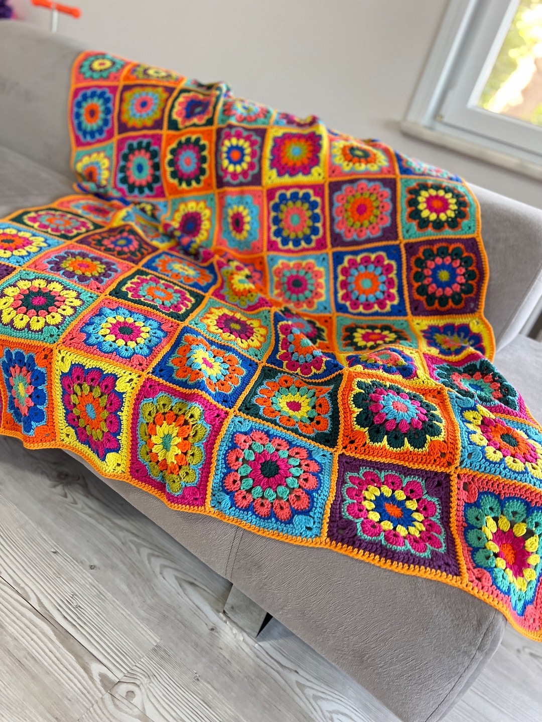 Colorful Floral Afghan Blanket, Retro Crochet Granny Throw, Unique ...