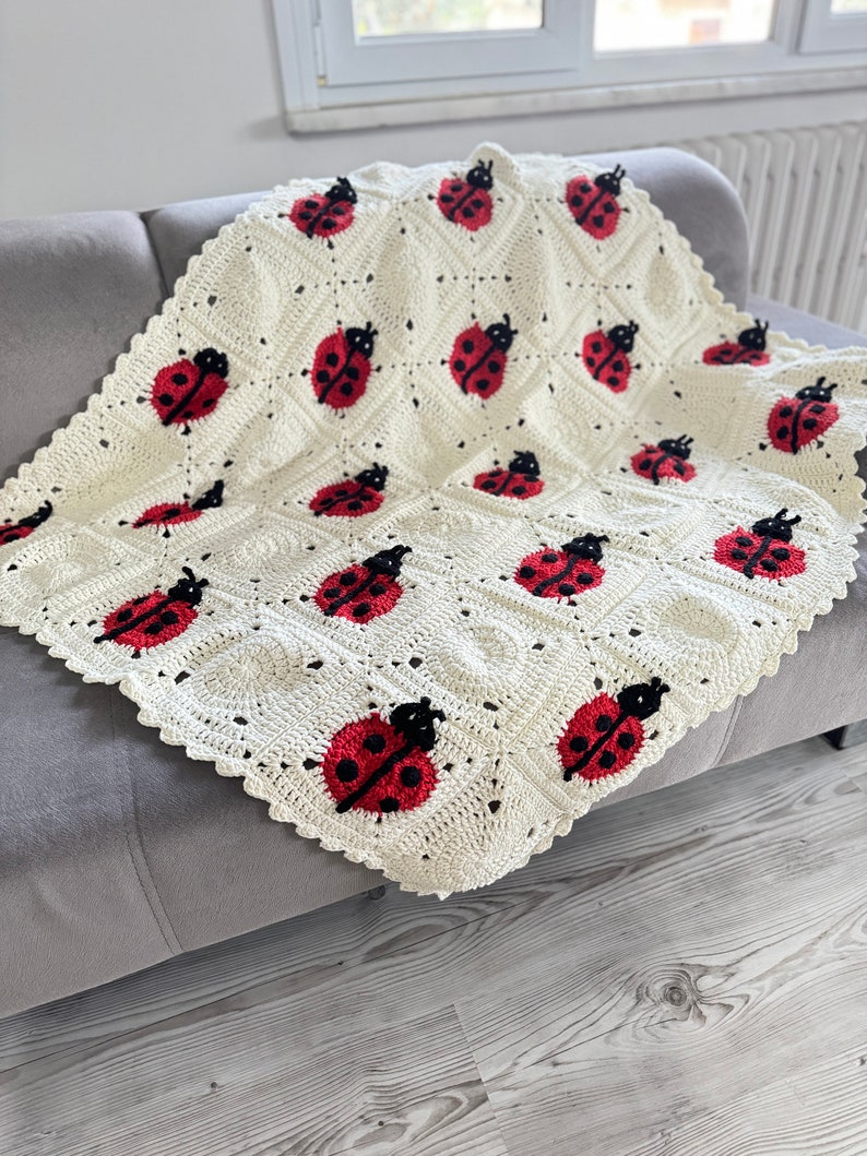 Crochet Ladybug Baby Blanket: Cotton Stroller Throw, Nursery Decor ...