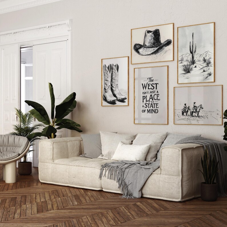 Set of 5 Sketch Art Western Printable Wall Art Bundle Vintage Western ...