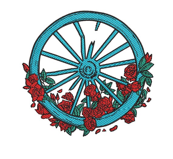 Rustic Wheel With Roses Digital Embroidery - Etsy