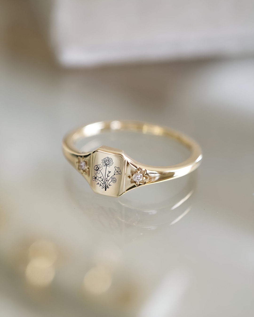 Personalized Birth Flower Gold Ring, Statement Flower Rings, Dainty ...