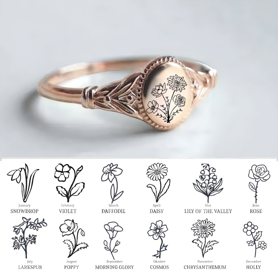 Personalized Birth Flower Ring, 12 Birth Month Flower Jewelry, Custom ...