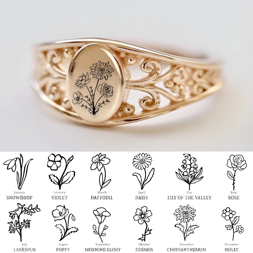 Personalized Birth Flowers Ring, Custom Birthflowers Family Ring, 925 ...