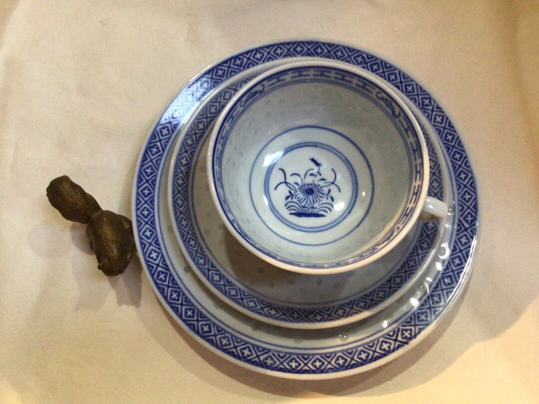 Vintage Rice Grain Porcelain Pattern Teacup, Saucer, Plate Set - Etsy